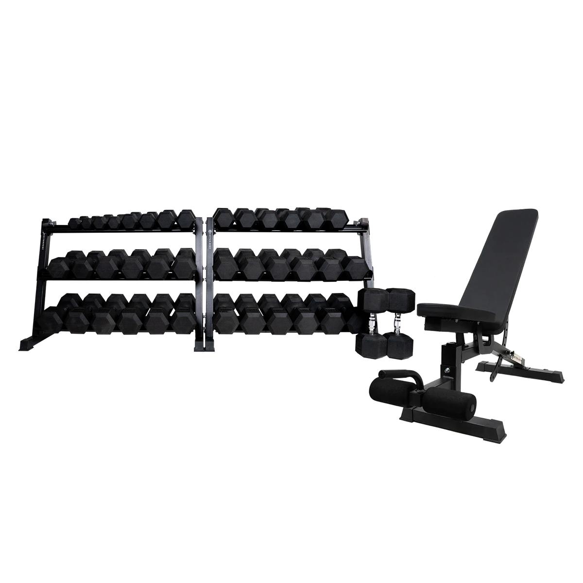Better Body Rubber Hex Dumbbell Set + Weight Rack | 5-50lbs & Premium ...