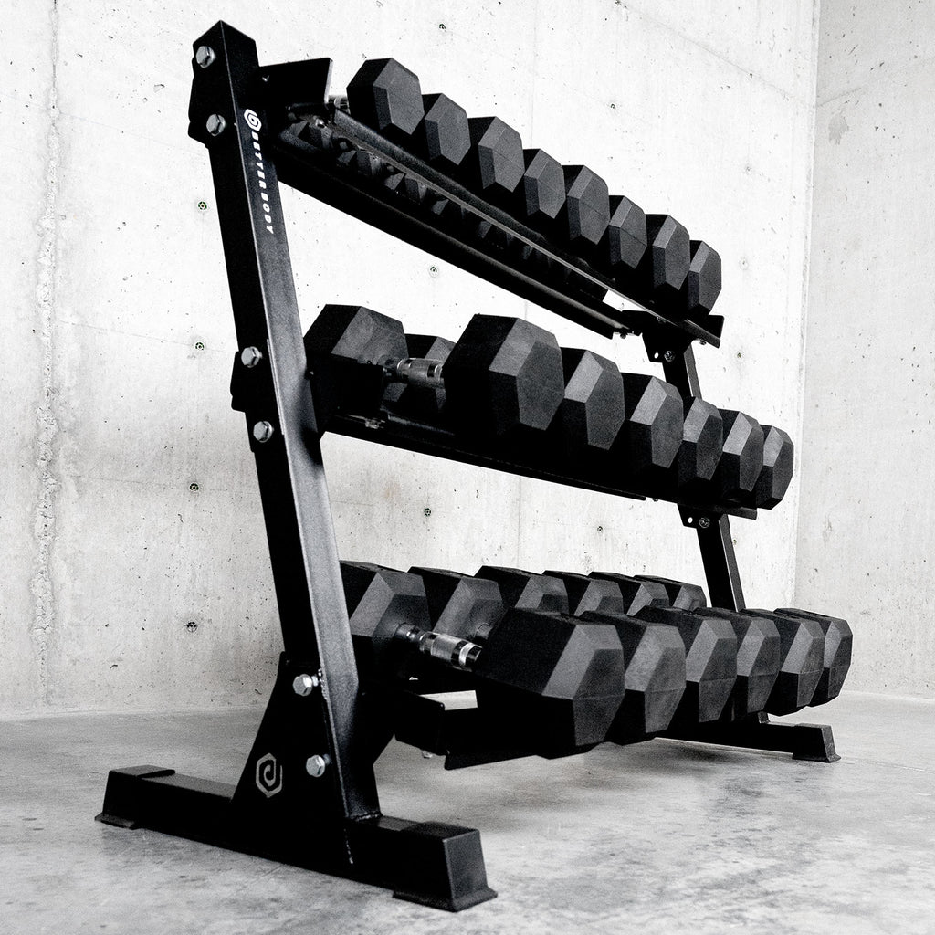 Better Body Rubber Hex Dumbbell Set + Weight Rack | 5-50lbs & Premium