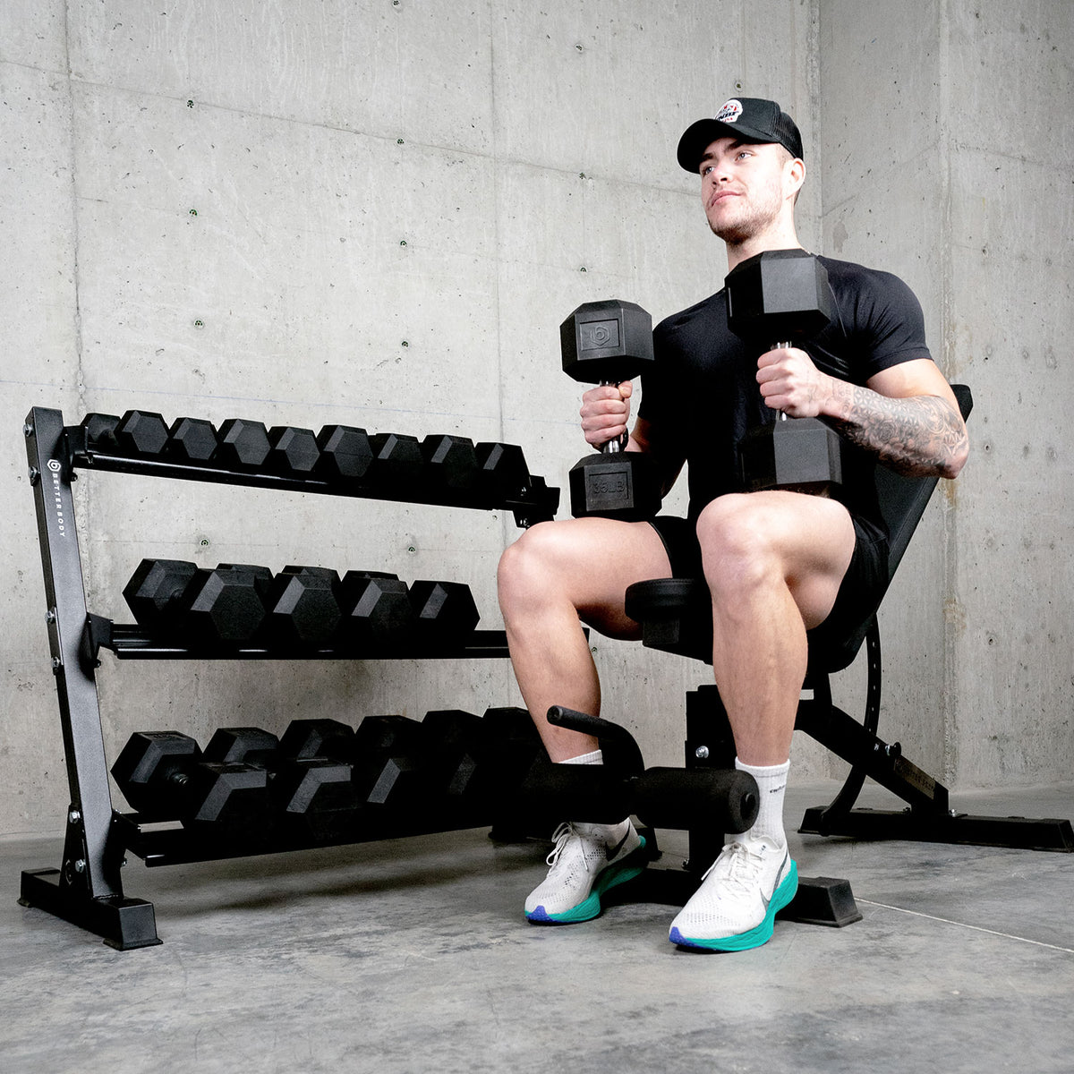 Better Body Rubber Hex Dumbbell Set + Weight Rack | 5-50lbs & Premium ...